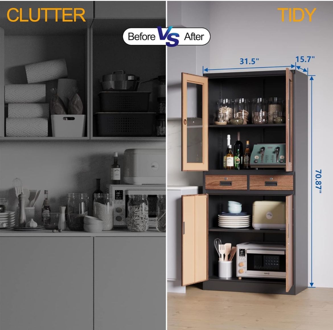 71 Tall Steel Lockable Pantry Metal Storage Cabinet with Glass Doors and Adjustable Shelves File Cabinet with 2 Drawers Light industrial equipment Too