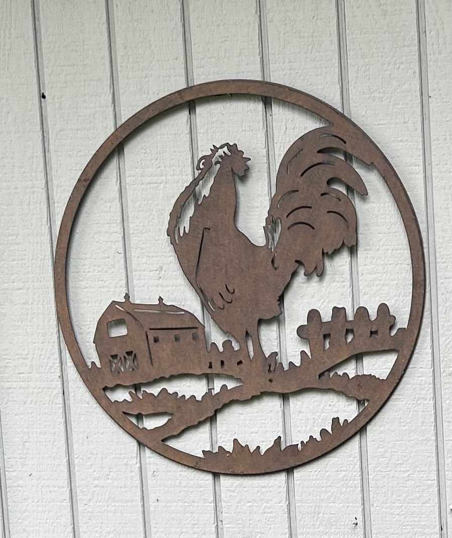 YARD ART Large Rustic Primitive Metal Rooster Barn Silhouette Wall Sign ...