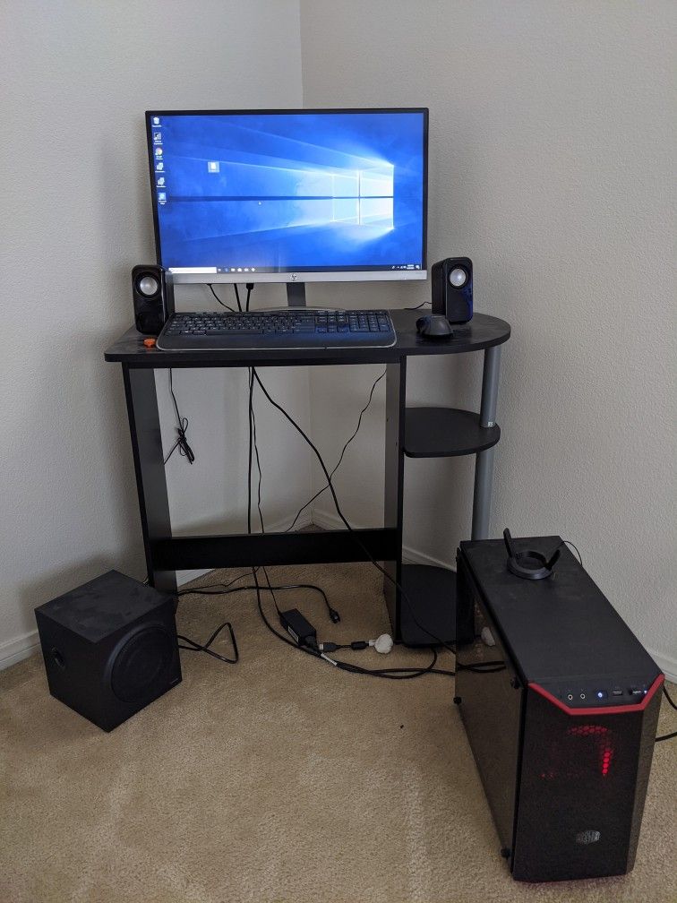 Computer, Desk, Speaker, Keyboard and Mouse