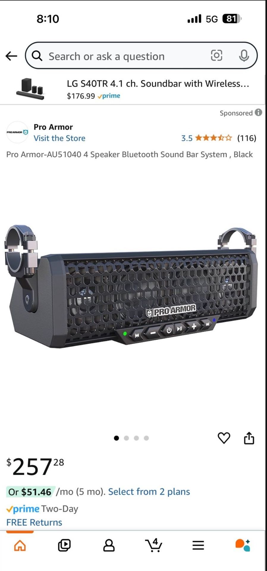 Pro Armor-AU51040 4 Speaker Bluetooth Sound Bar System , Black for Sale ...