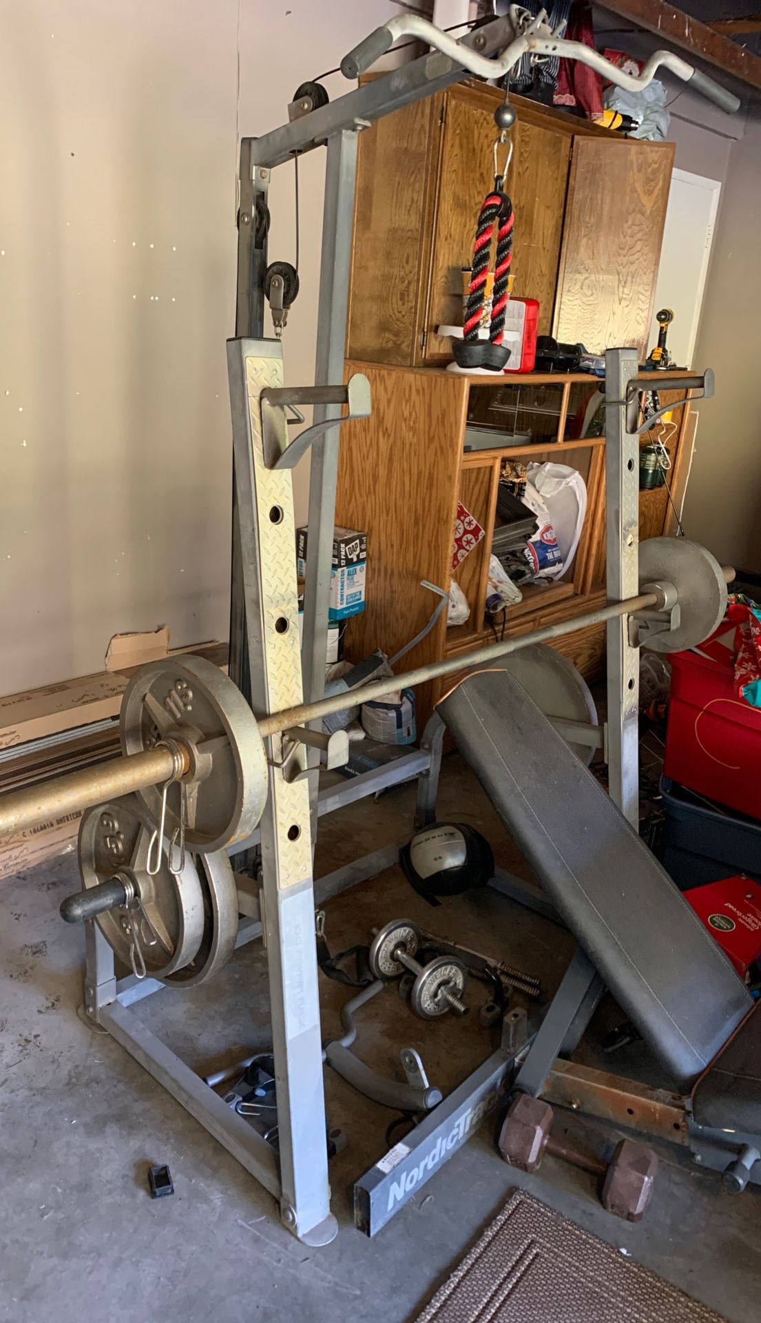 Bench-Squat rack-Cable pulldown Olympic size bar 250 pounds of weights ...