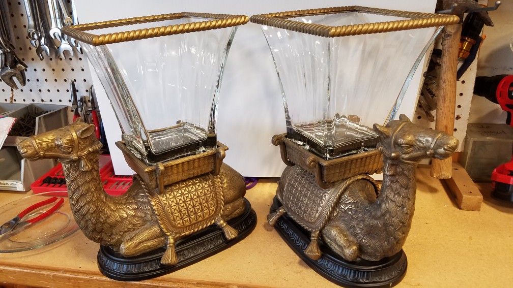 2 pc Castilian Camel Bronze figurine glass vase, Imports Poland antique ...