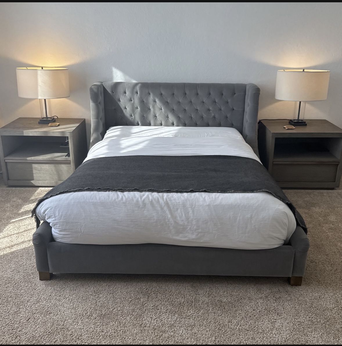 Restoration Hardware Devyn Gray Linen Tufted Wing Full Size Bed for ...