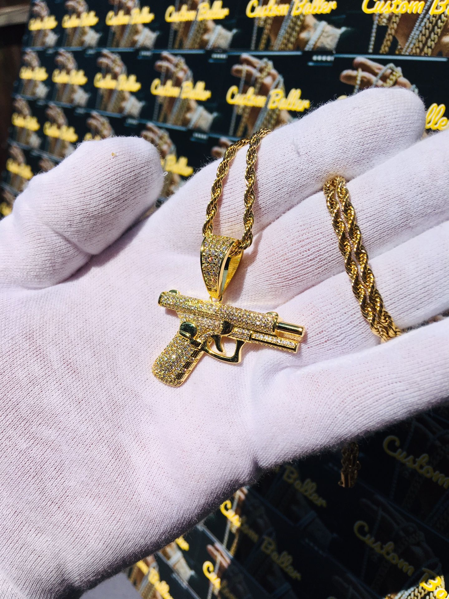 Iced Pistol glock pendant 14k real gold plated diamond stimulant ...
