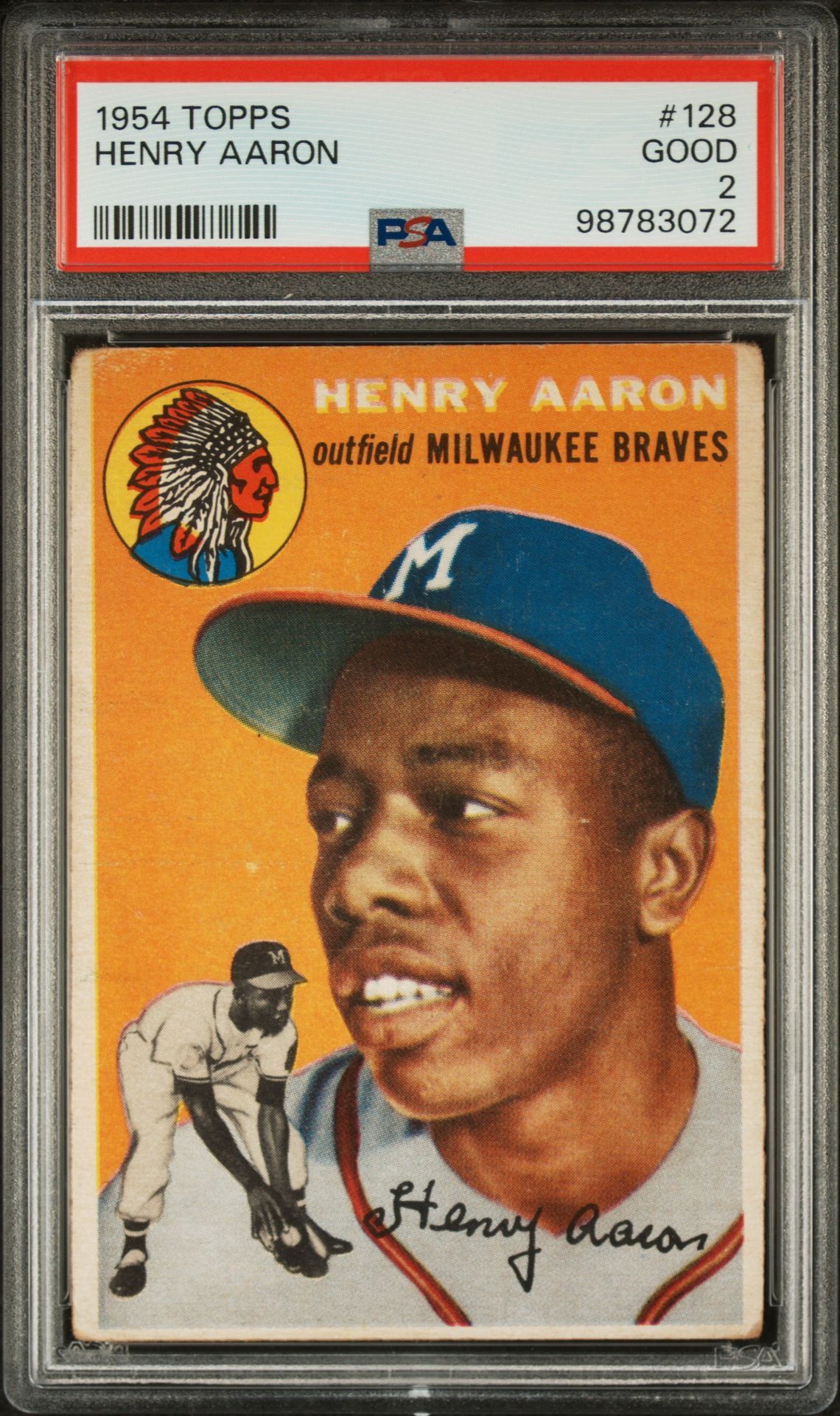 1954 TOPPS HANK HENRY AARON #128 ROOKIE RC CARD BEAUTIFUL PSA 2 GOOD ...