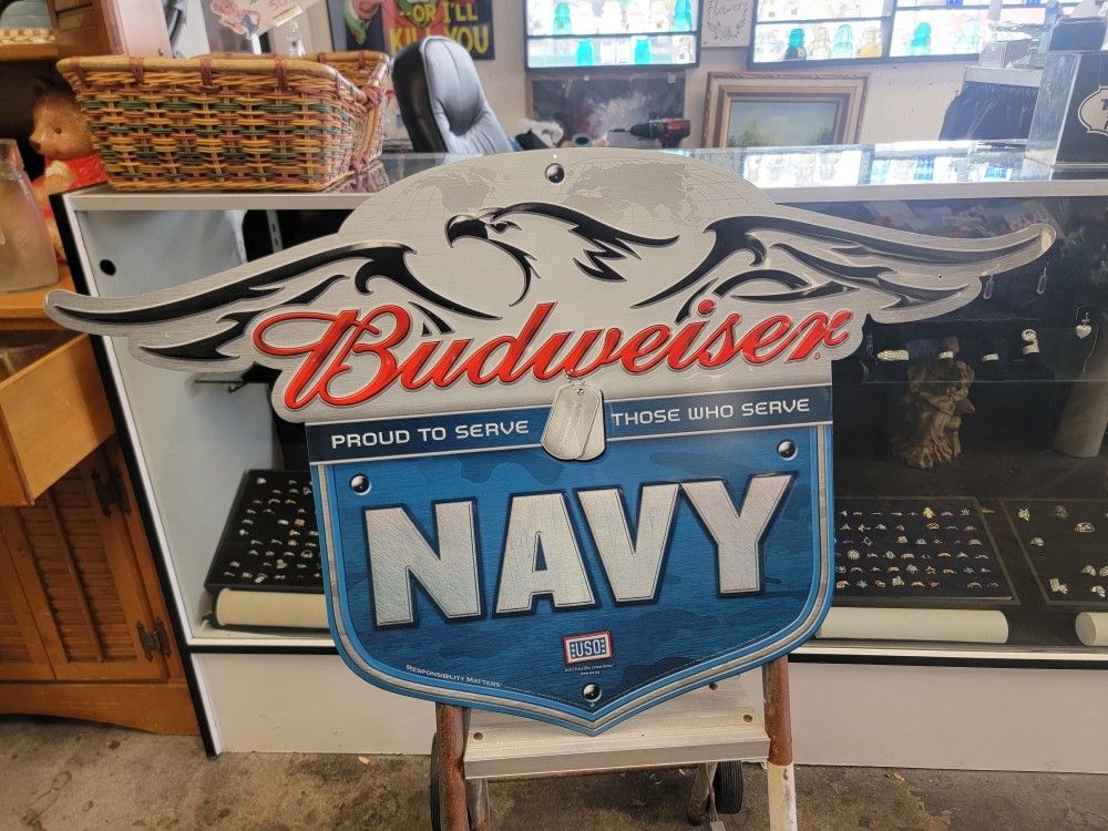 BUDWEISER NAVY METAL TIN BEER BAR MILITARY SIGN SOLDIERS SERVICE USA ...