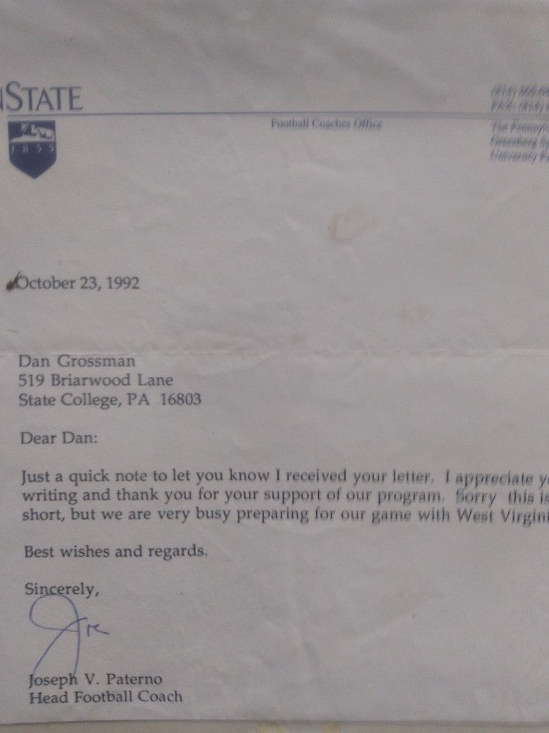 Old Letters From Former Penn State Football Coach Joe Paterno And ...