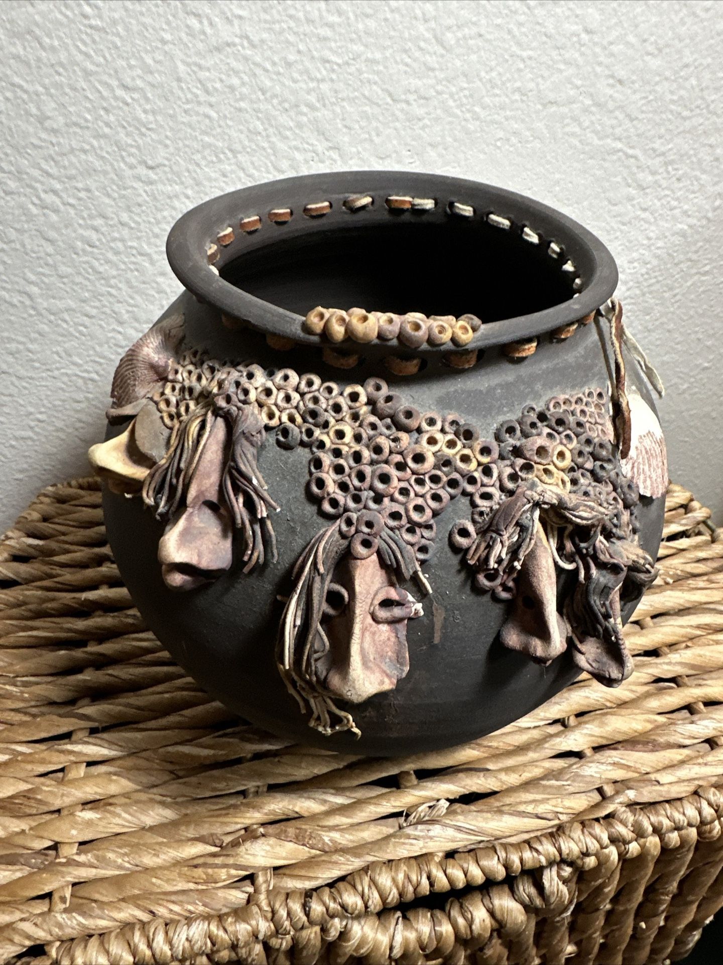 Unique Clay Pot Decorated With Nose Rocks Leather Shells & Handprints ...