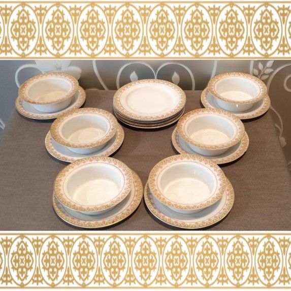 SET OF 6 PORCELAIN SOUP / DESSERT BOWLS W/SAUCER PLATES + 5 EXTRA ...