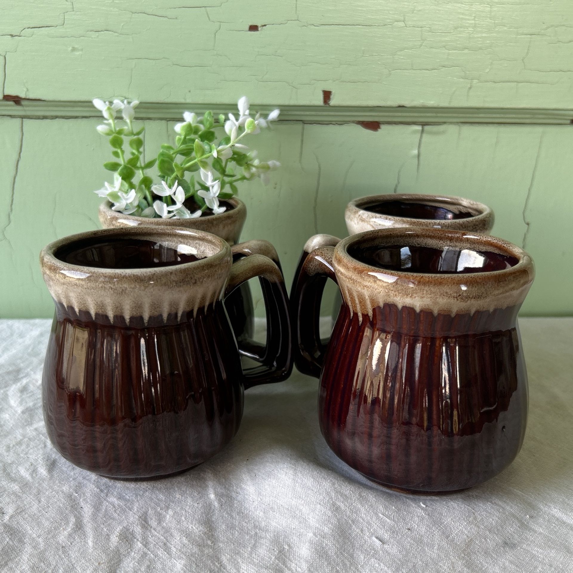 4 Brown VTG Stoneware Drip Glazed Coffee Mugs D Handles 5" Handmade ...