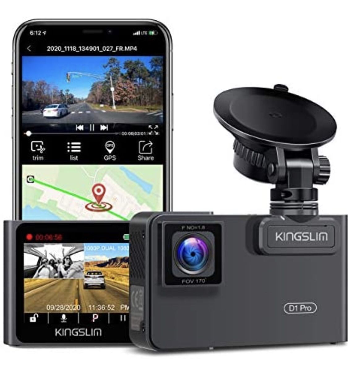 Kingslim D1 Pro 2K Dual Dash Cam with Wi-Fi GPS, 2K/1080P Front and ...