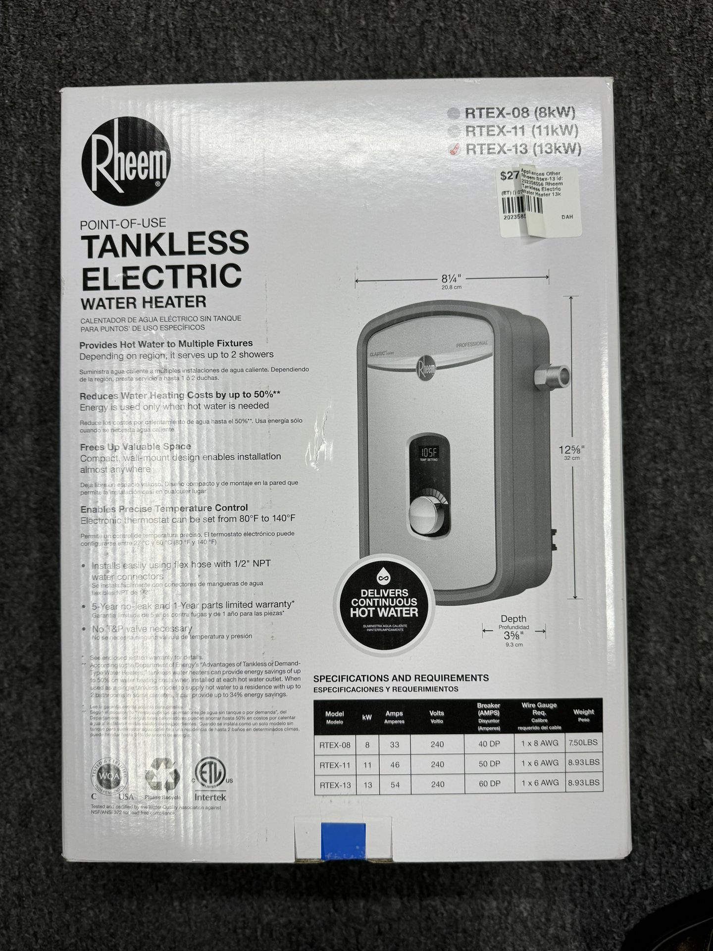 Rheem RTEX-13 Residential Tankless Water Heater. New. Factory sealed ...