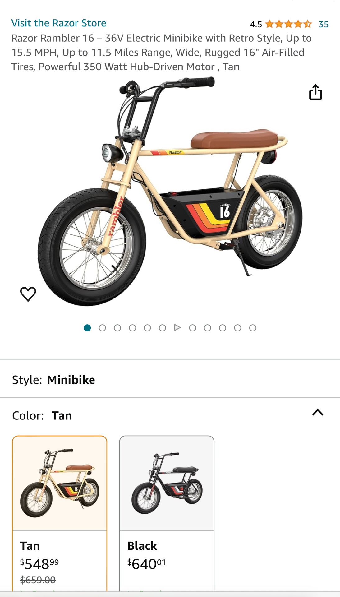 Razor Rambler 16 - 36V Electric Minibike with Retro Style, Up to 15.5 ...