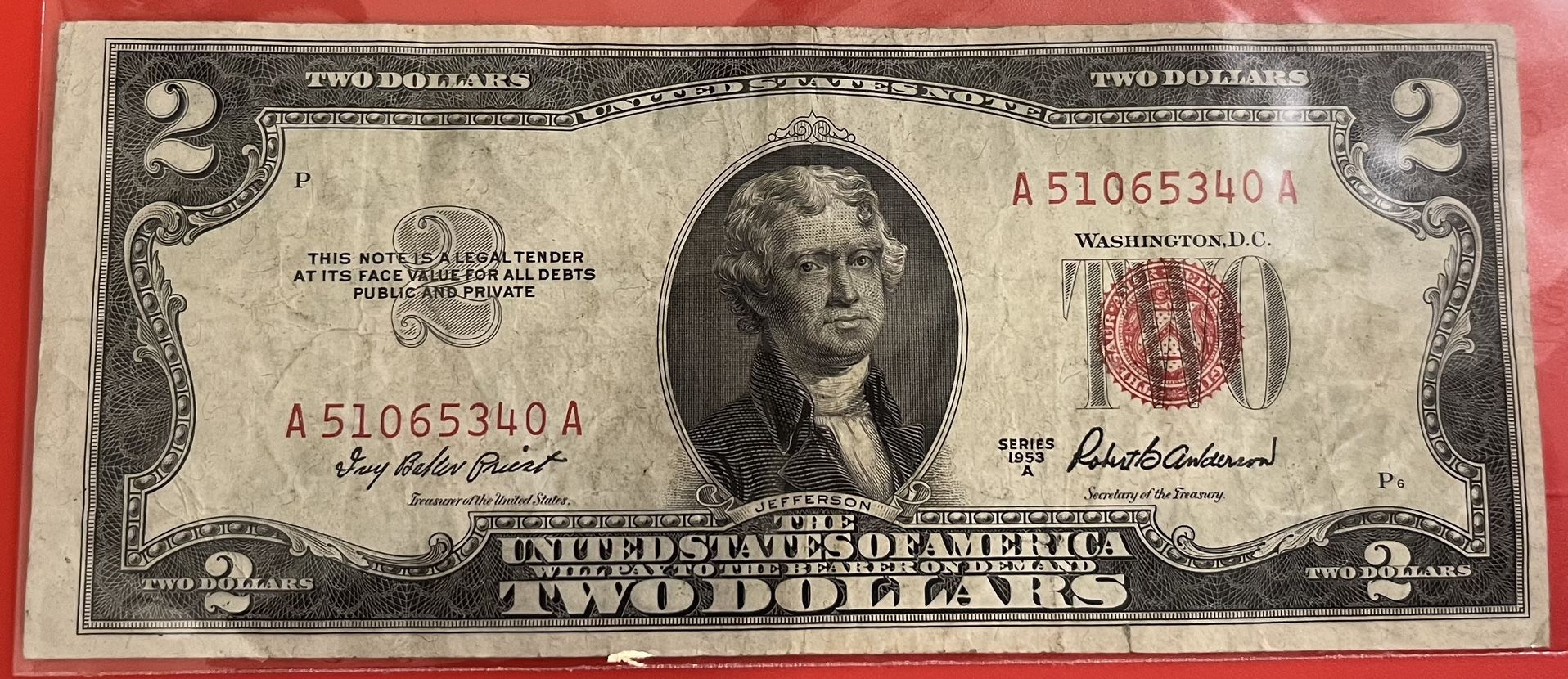 U.S. Legal Tender Note, $2 Bill Red Seal Series 1953 A for Sale in ...