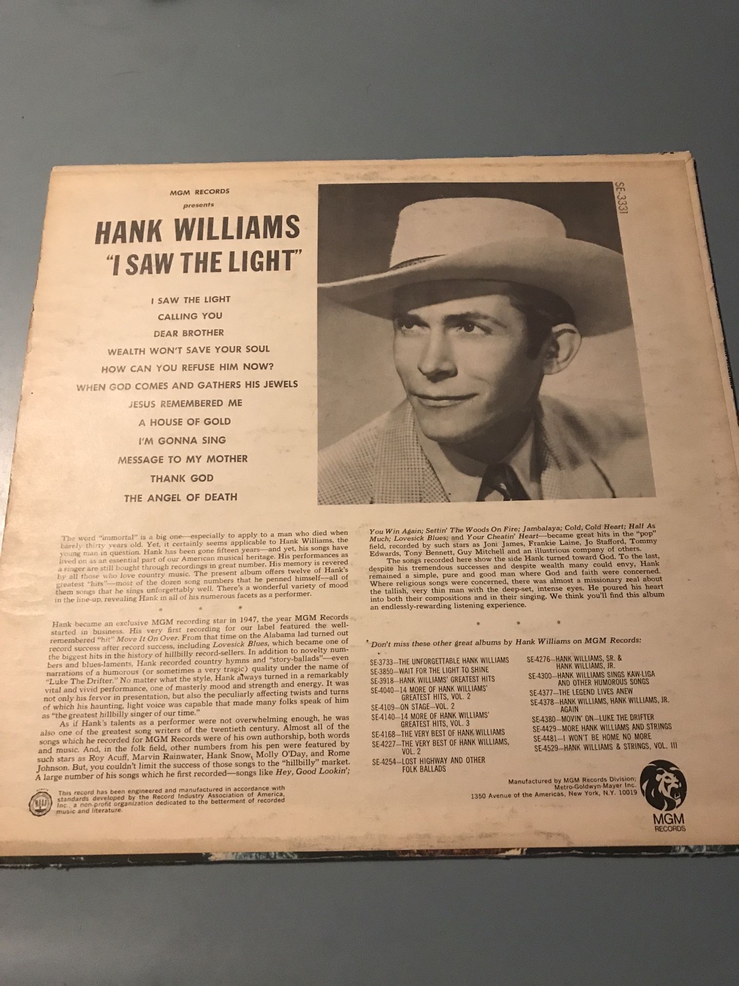 Hank Williams "I Saw The Light" RARE LP MGM Records E3(contact info ...