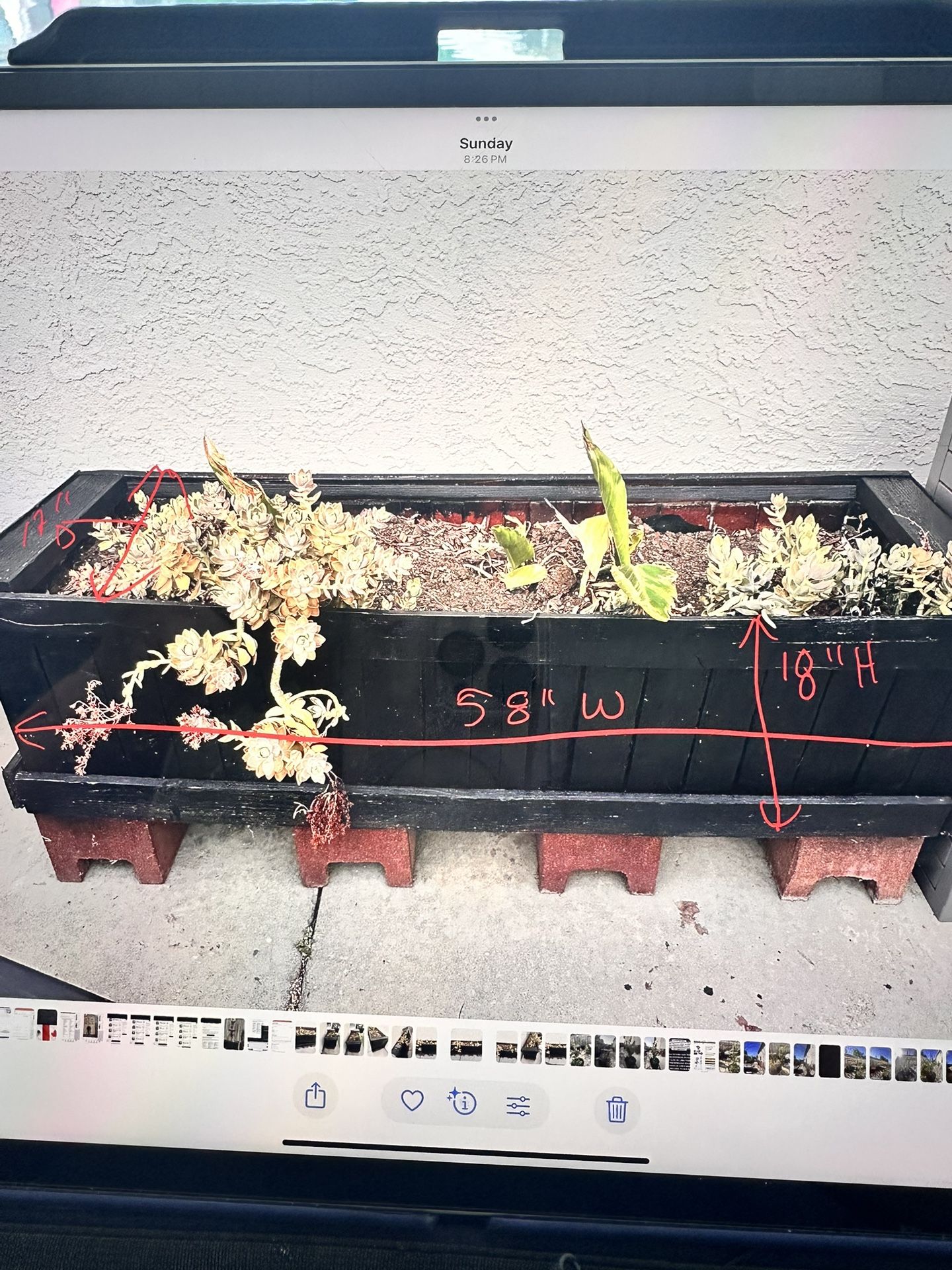 2 Wood planter boxes w/succulents: 1 Large 58”W x 18”H x 17”D and 1 Small 36”W x 17”H x 17”D for ...