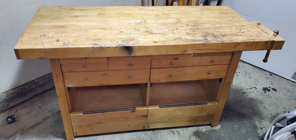 Falconer 8 Drawer, 5 Foot Woodworking Shop Bench with Vise for Sale in ...