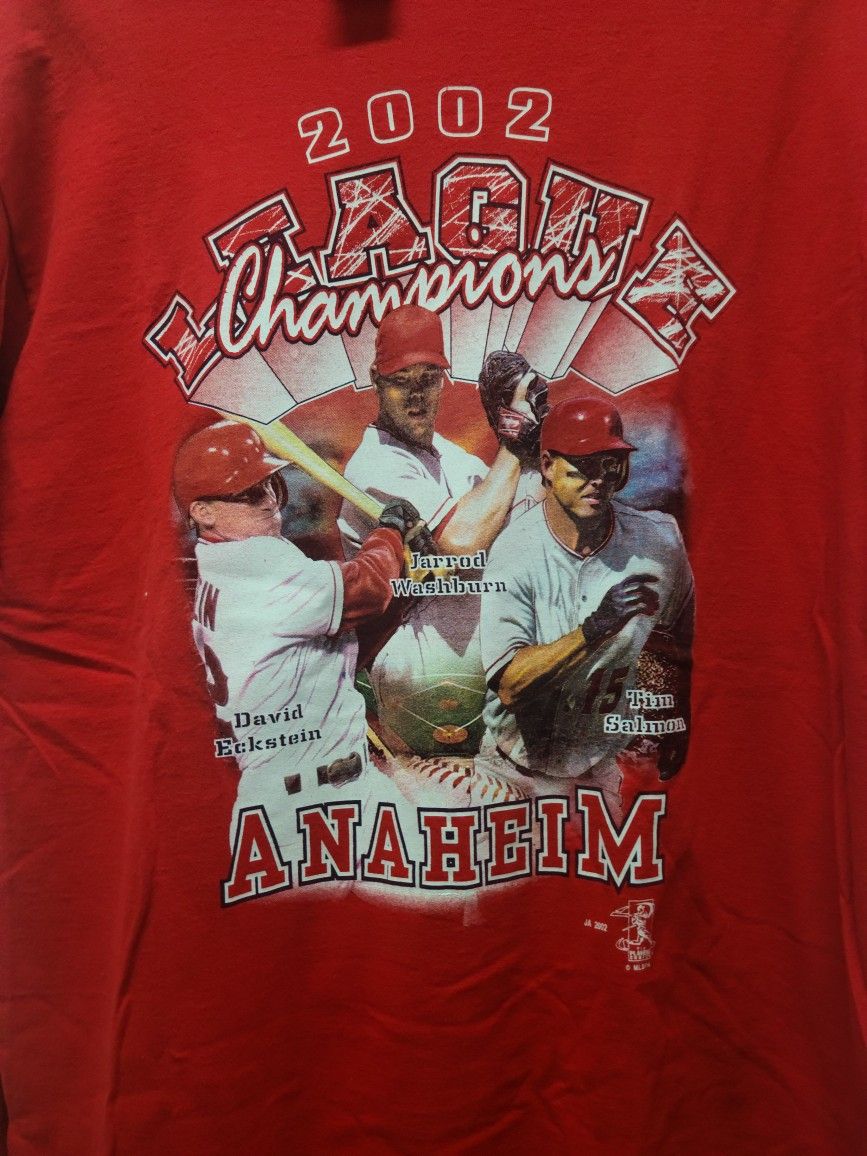 MLB ANAHEIM ANGELS 2002 League Champions Players Graphic Red T-Shirt ...