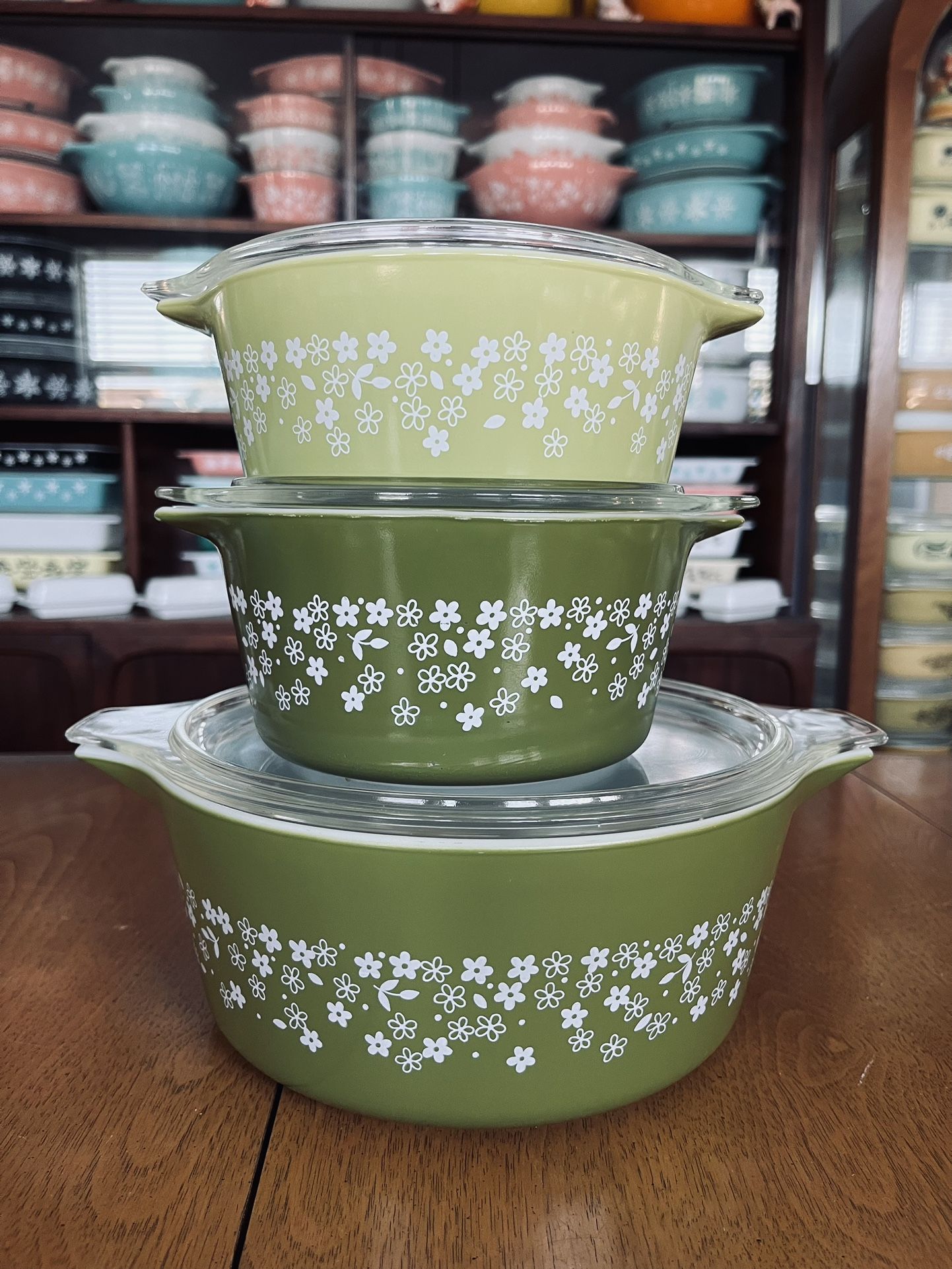 Vintage Pyrex Three Piece Verde Stamp Casserole Set for Sale in San ...