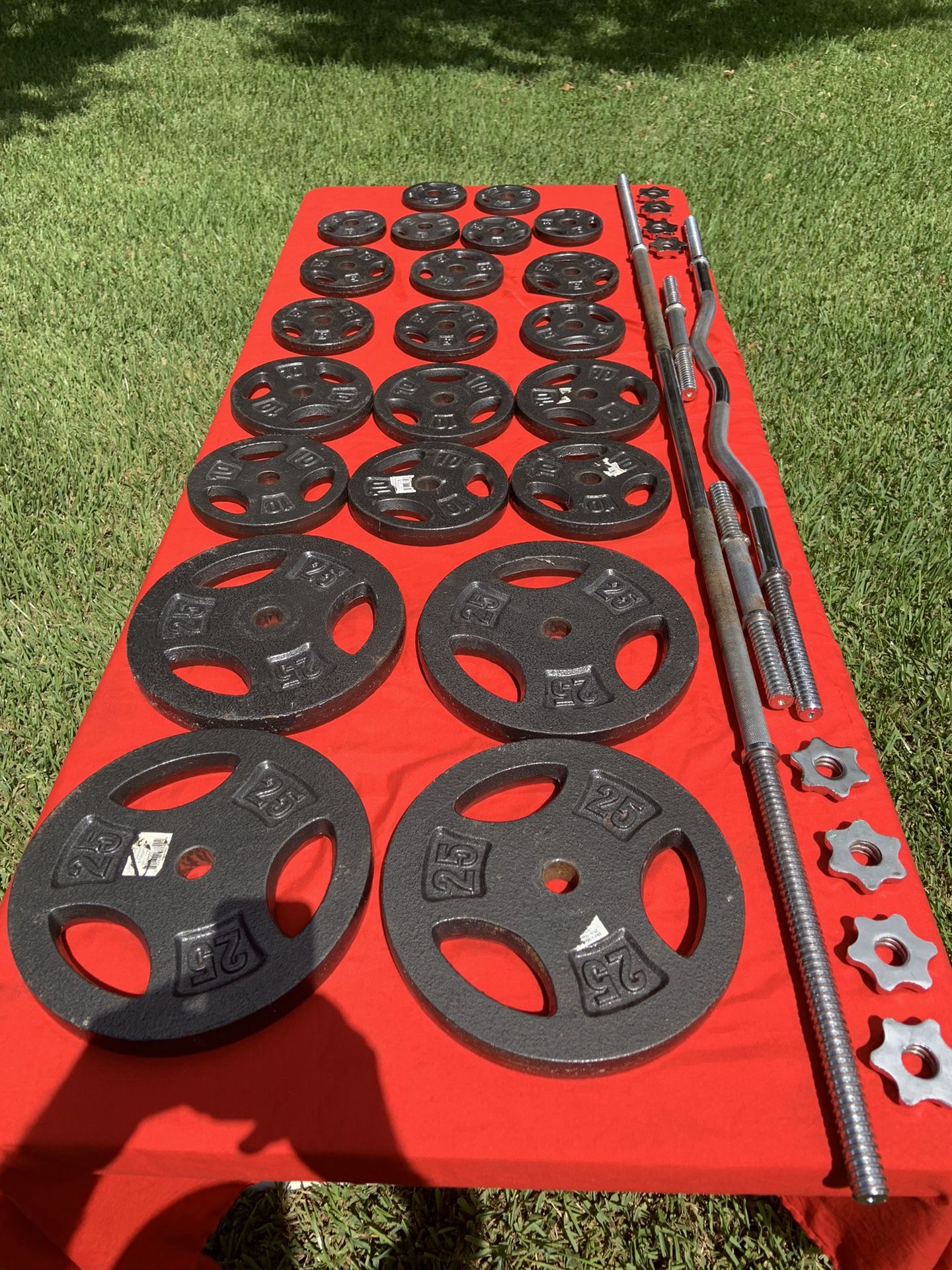 Very Nice Full Set Of Easy Grip Weights With Barbell, Curl Bar, And ...