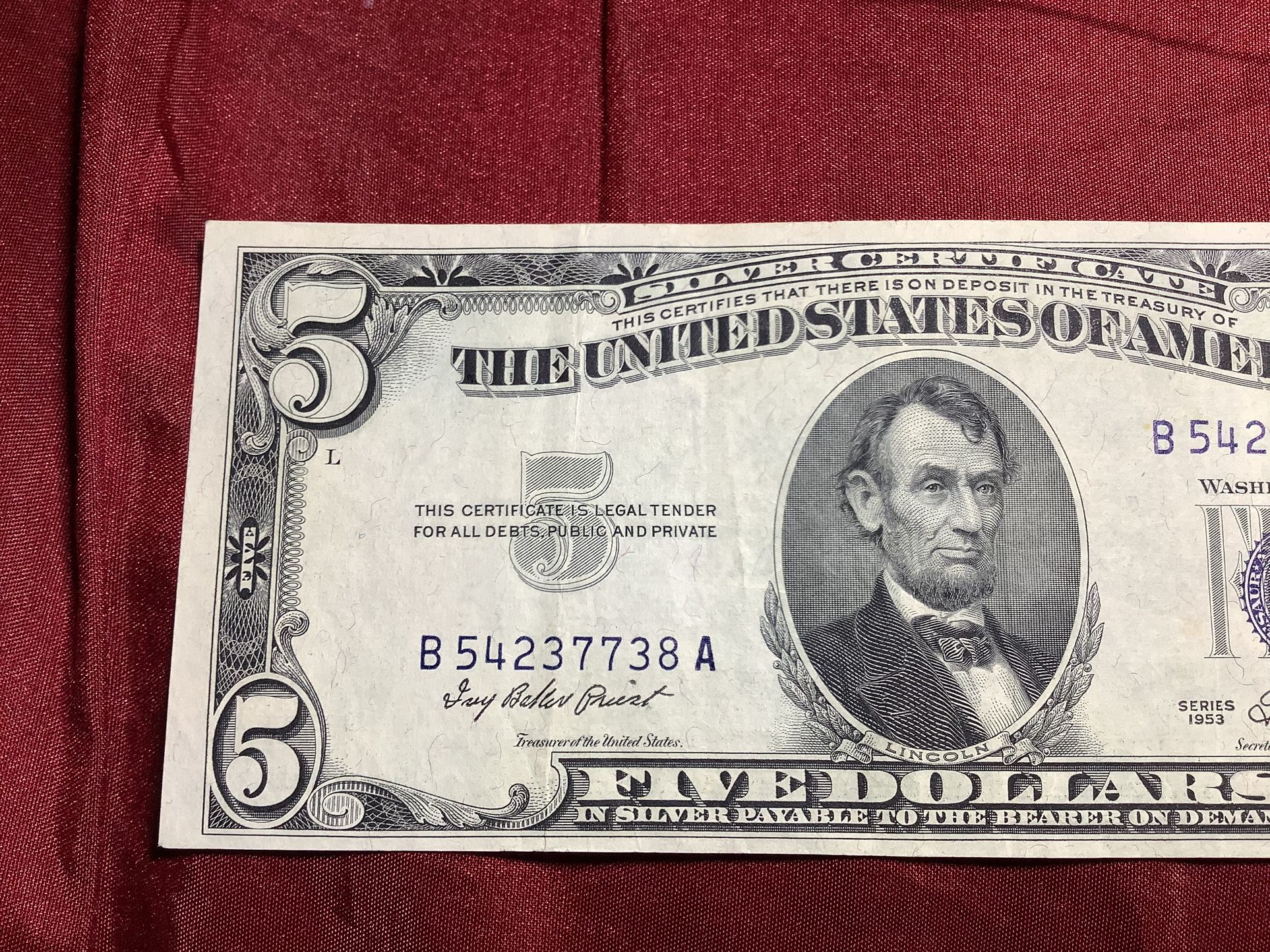 Five Dollars Bill Blue Seal 1953 Series mint, mint conditions. If you ...