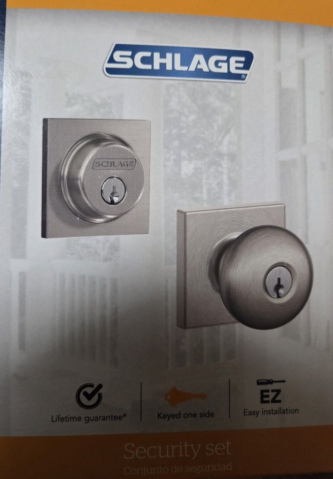 Schlage Satin Nickel Single Cylinder Deadbolt and Keyed Entry Door Knob ...