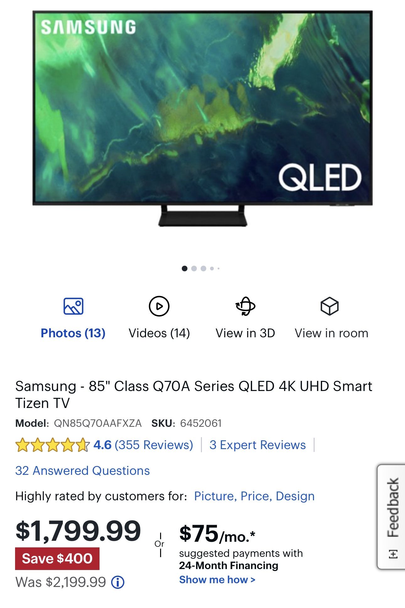 Samsung - 85" Class Q70A Series QLED 4K UHD Smart Tizen TV for Sale in Las Vegas, NV - OfferUp