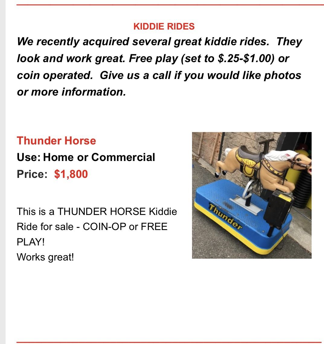 THUNDER COIN OPERATED HORSE, KIDDIE RIDE, CAROUSEL for Sale in San ...