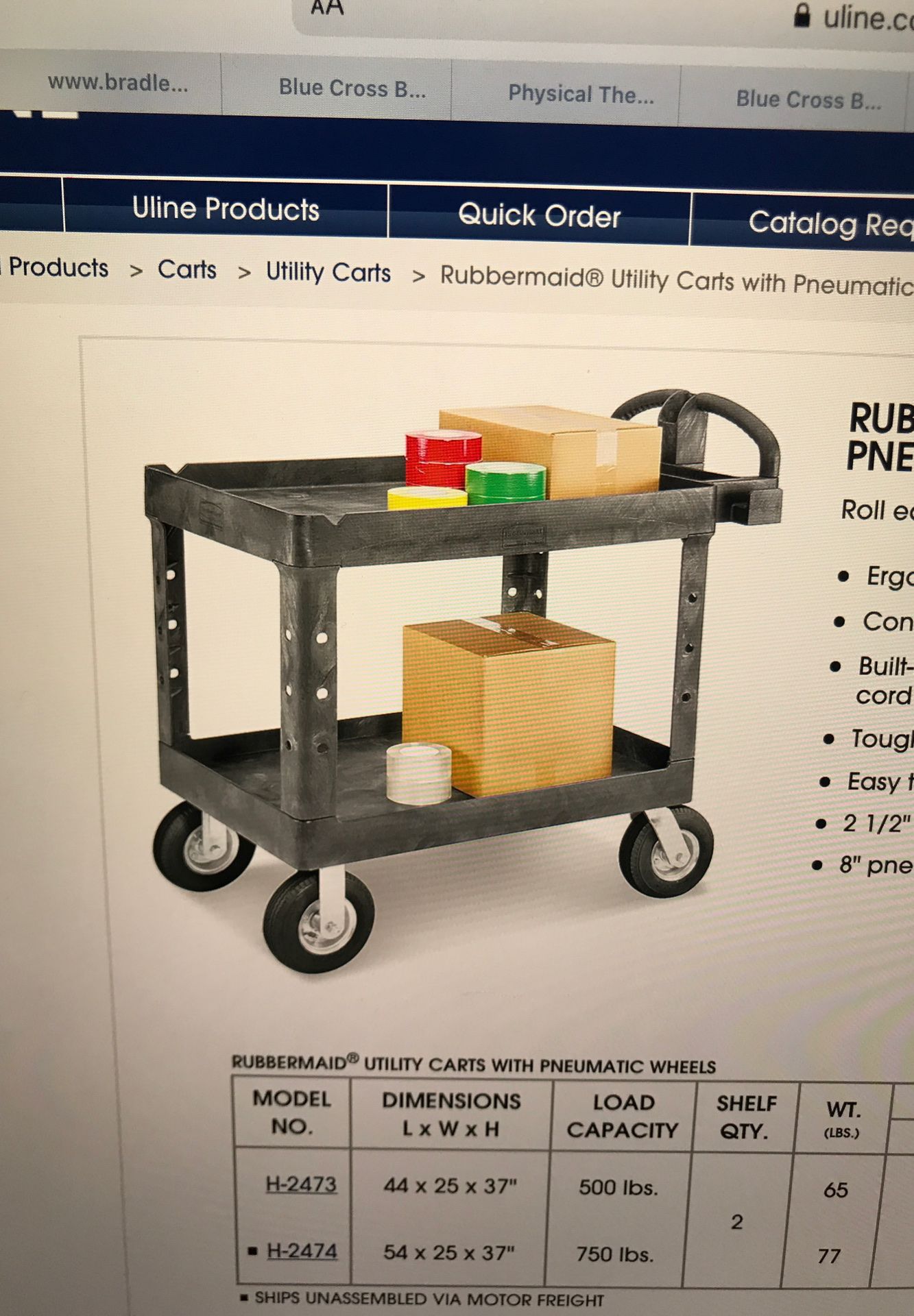 Uline Rubbermaid Utility Cart with Pneumatic Wheels for Sale in ...