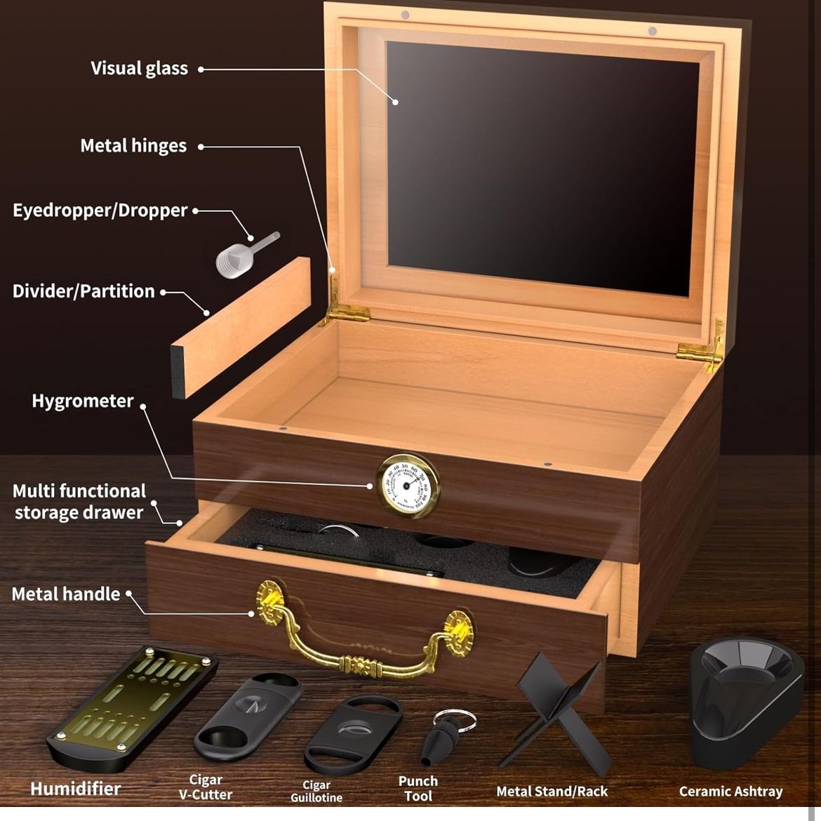 Humidor Box with Accessories and Humidifier - Glass Cover and Storage ...