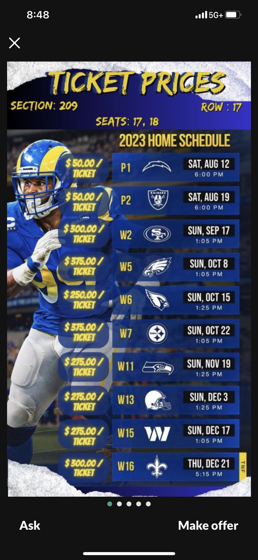 RAMS VS STEELERS for Sale in Long Beach, CA - OfferUp