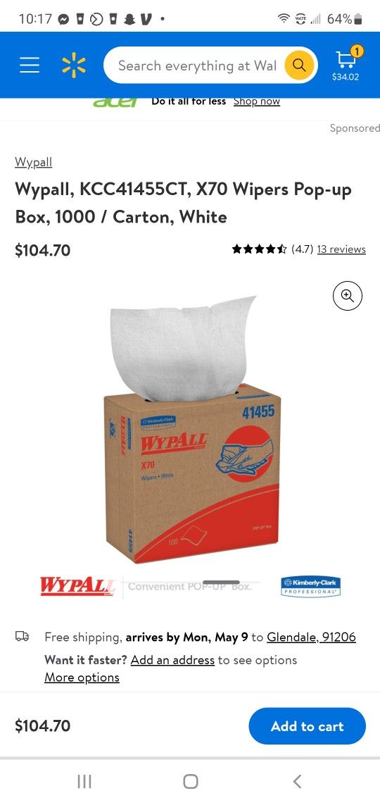 Wypall, KCC41455CT, X70 Wipers Pop-up Box, 1000 / Carton, White for ...