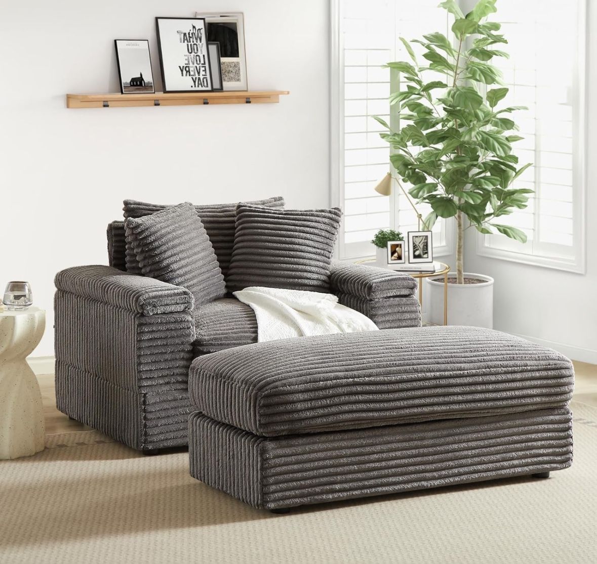 43” Gray Corduroy Oversized Chaise Lounge Accent Chair w/ Ottoman for ...