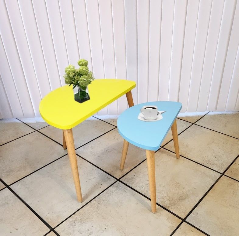 Set of Two Modern Triangle Wood Nesting Coffee Tables in yellow and ...