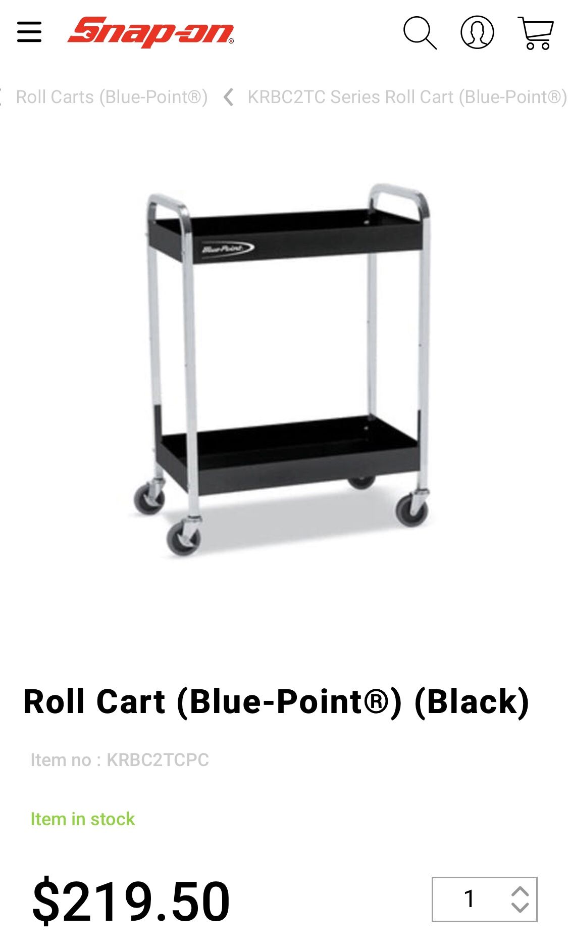 Blue Point Roll Cart Black - Snap On Tool Service Blue-Point Snap-On ...