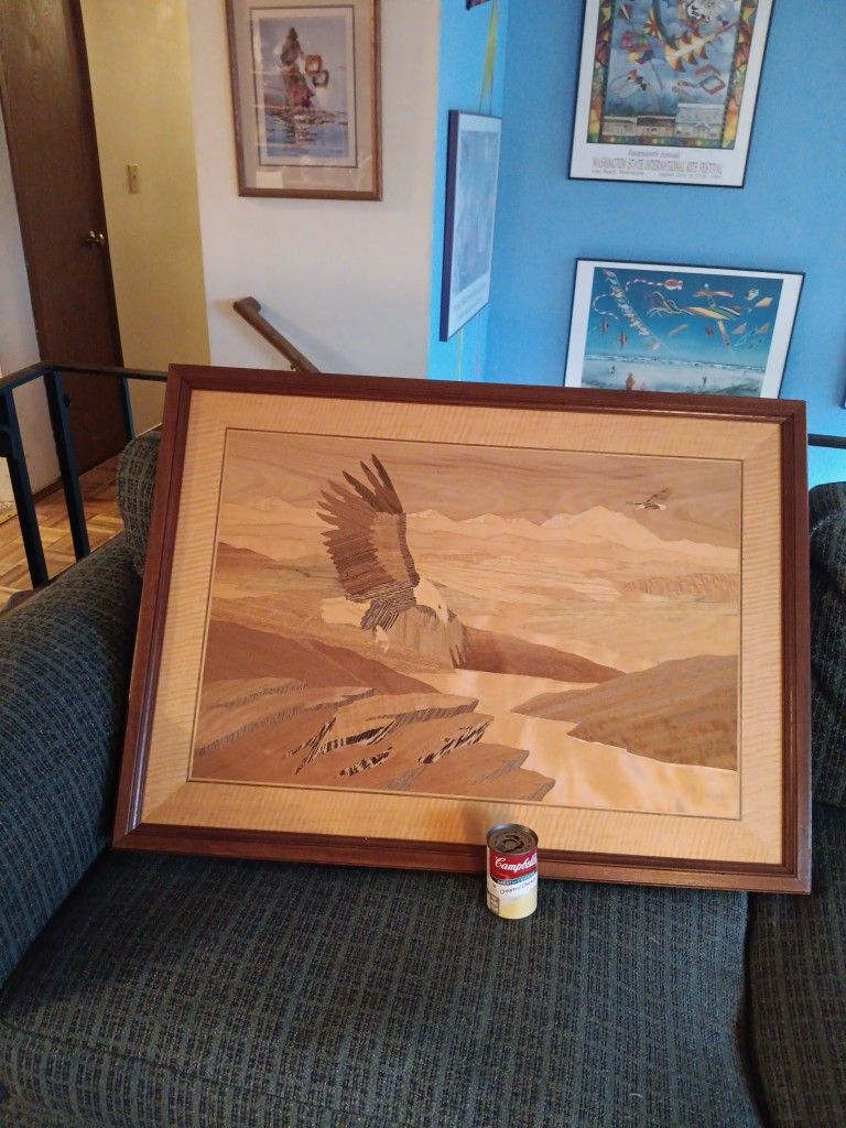 Huge 28"×38" Hudson River Wood Inlay Marquetry American Eagle Framed ...