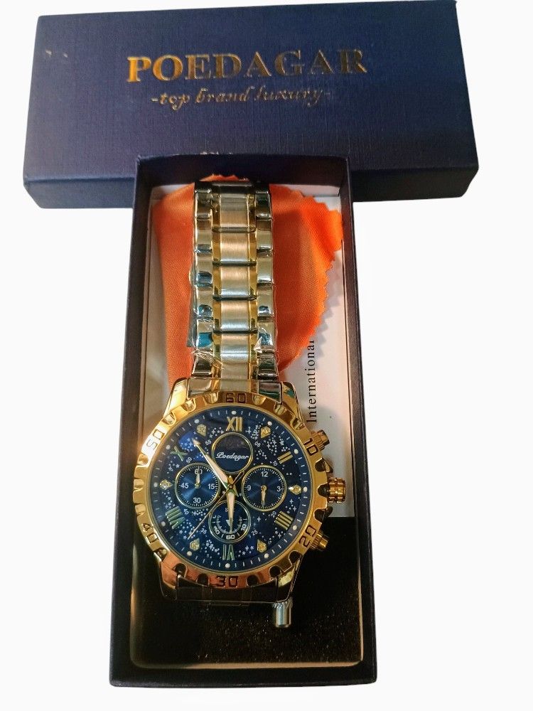 POEDAGAR Men's Stainless Steel Waterproof Watch Silver Blue Gold for ...