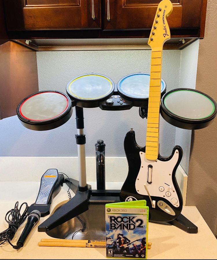 Xbox 360 Rock Band 2 Wireless Bundle Kit Fender Guitar Drums Mic Game ...