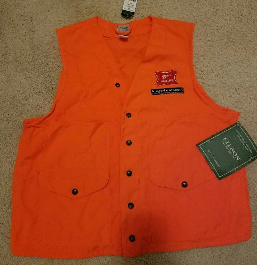 New Filson Blaze orange cruiser vest w/ high life & krugerfarm patches ...