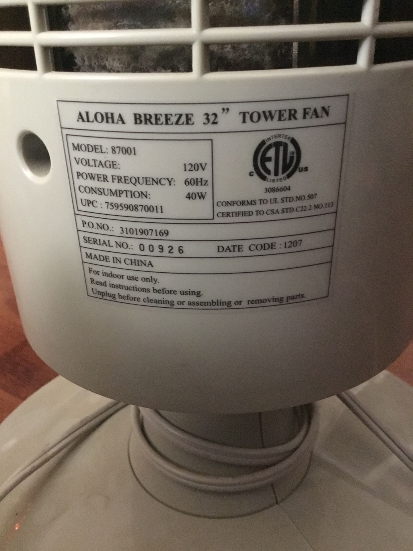 Aloha Breeze 32” 3 Speed Oscillating Tower Fan for Sale in Turlock, CA - OfferUp