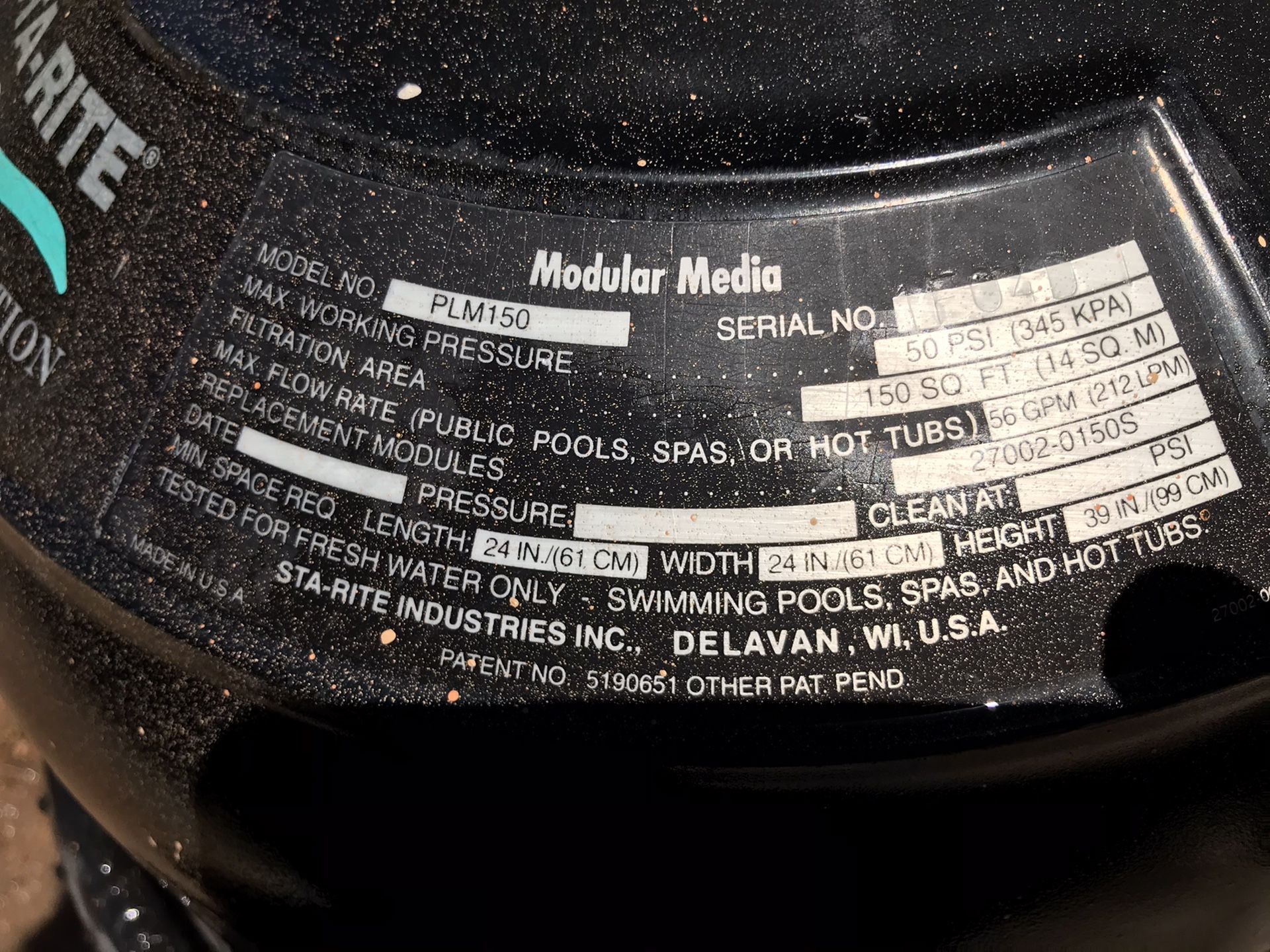 PENTAIR STA-RITE SYSTEM III MODEL S8M150 LID - 450 ft.², 500 ft.² and ...