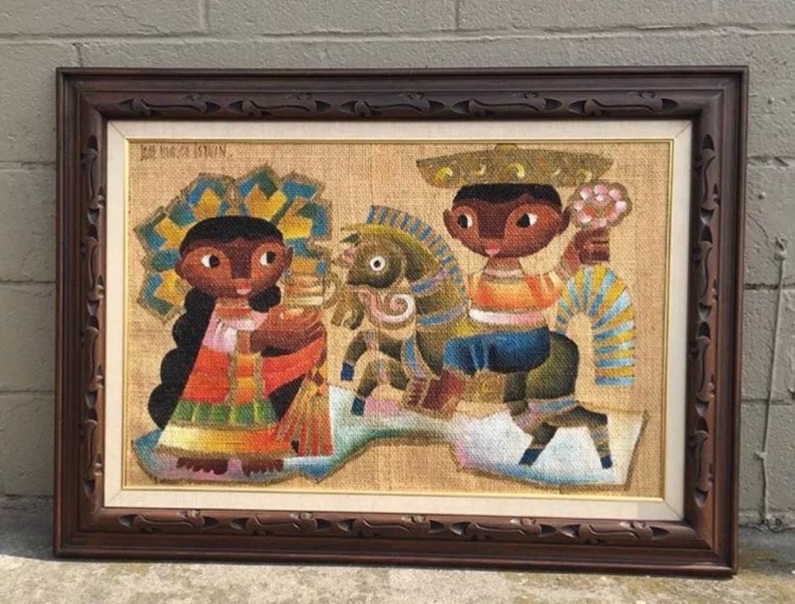 Vintage José Maria De Servin Mexican Folk Art Oil Painting on Burlap ...