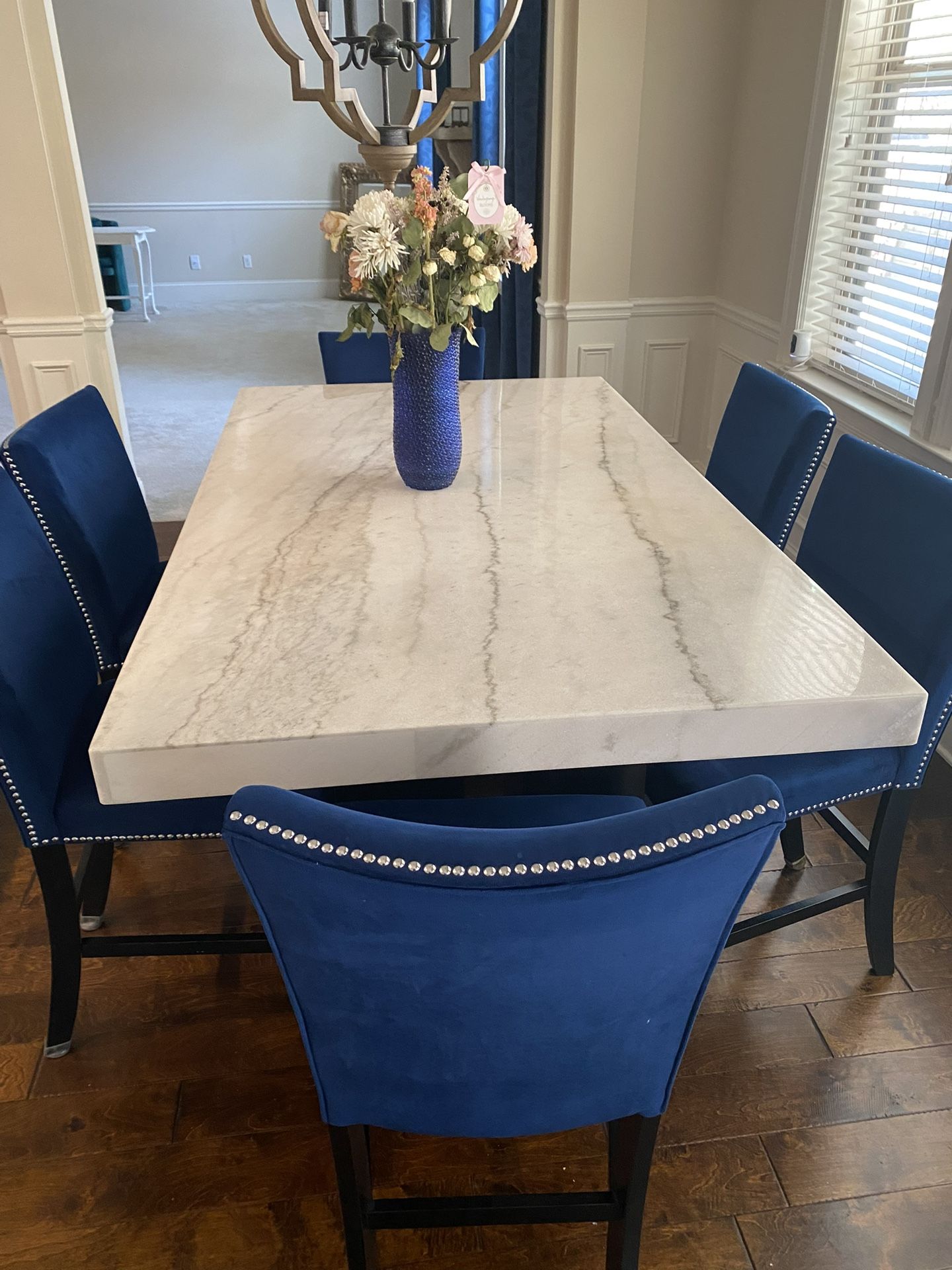 Beautiful marble High Top Table With 6 Royal Blue chairs for Sale in ...