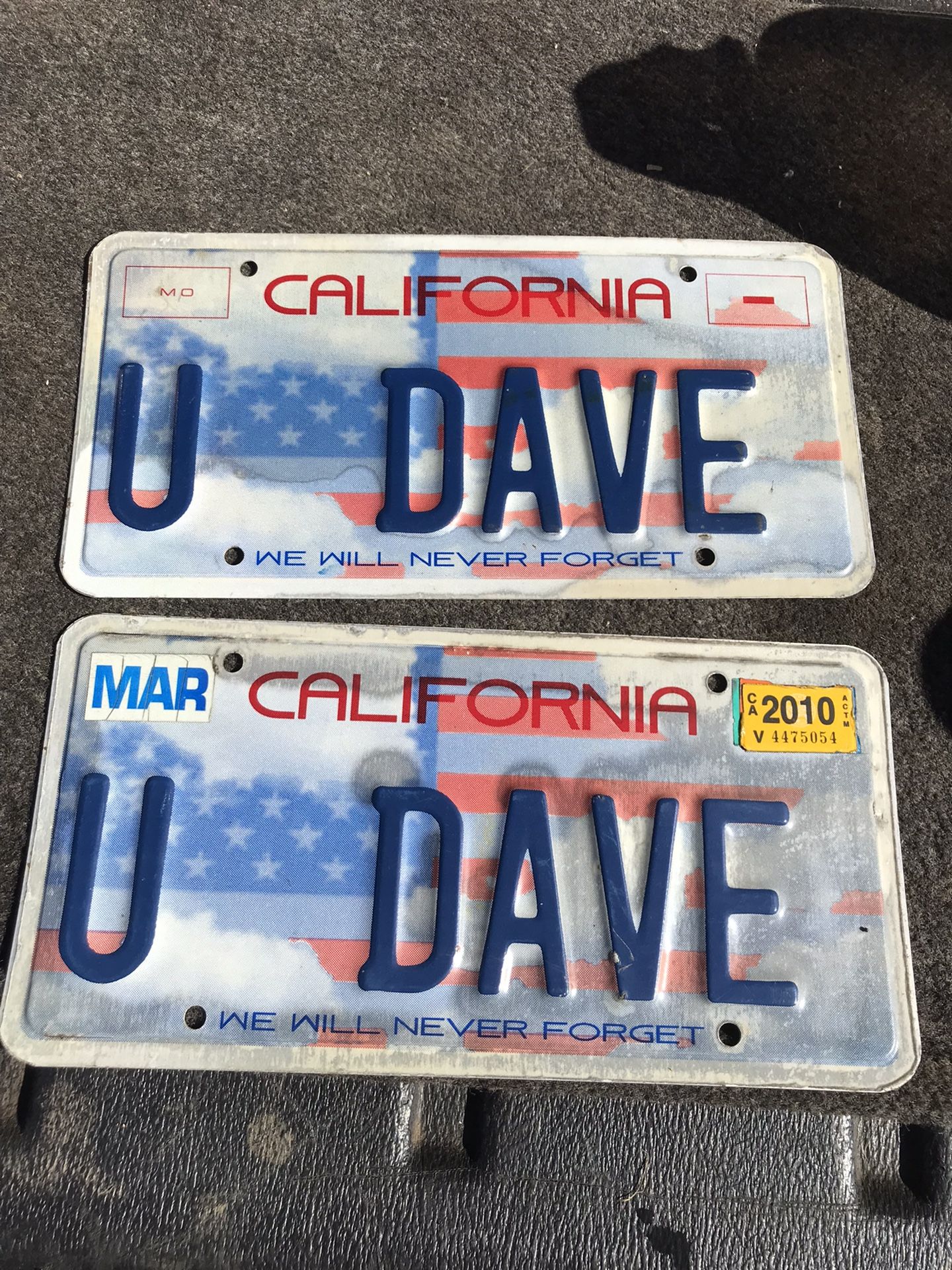 Actual California License Plates American Flag Pair 9/11 WE WILL NEVER ...