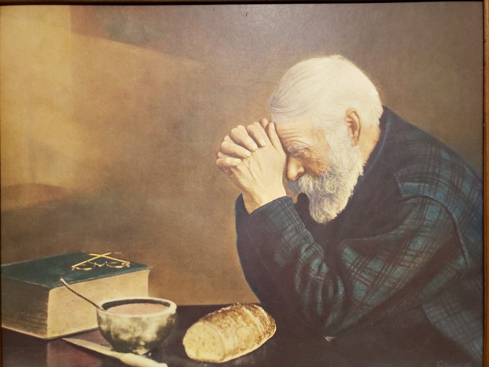 Painting Of Old Man Praying Over Bread