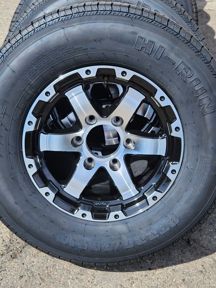 4 New ST 225-75-15 Trailer Tires Black Machined 6 Lug 6x5.5 Aluminum ...