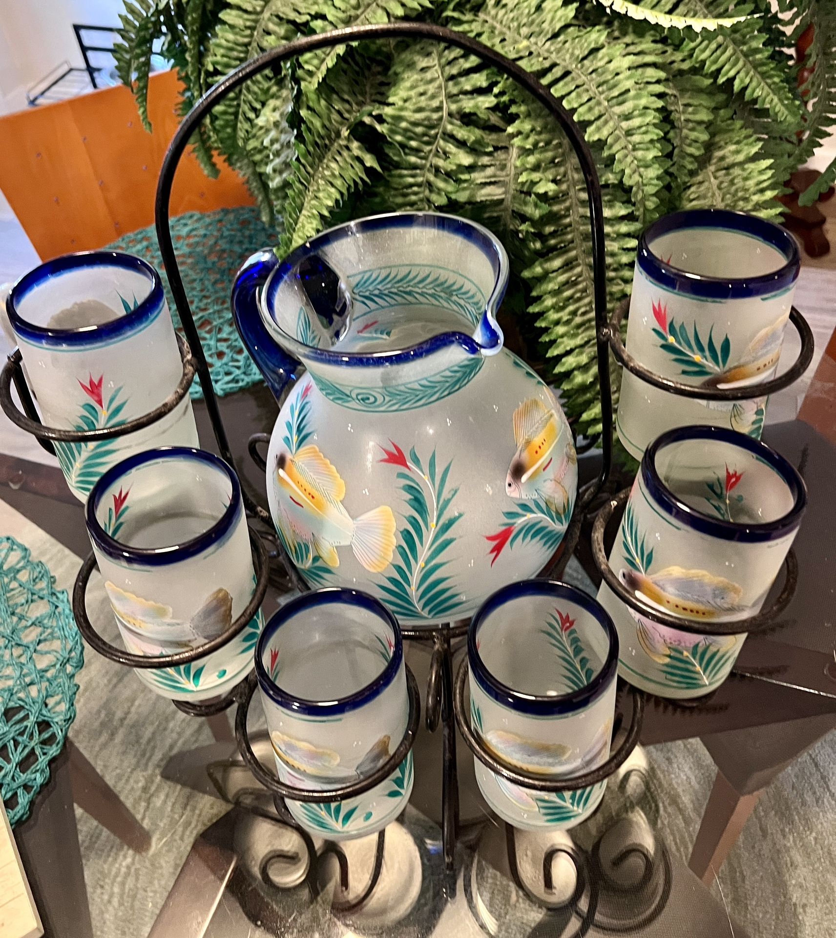 Vtg Mexico Heavy Hand Painted Blown Glass - Pitcher, 6 Glasses, Iron ...