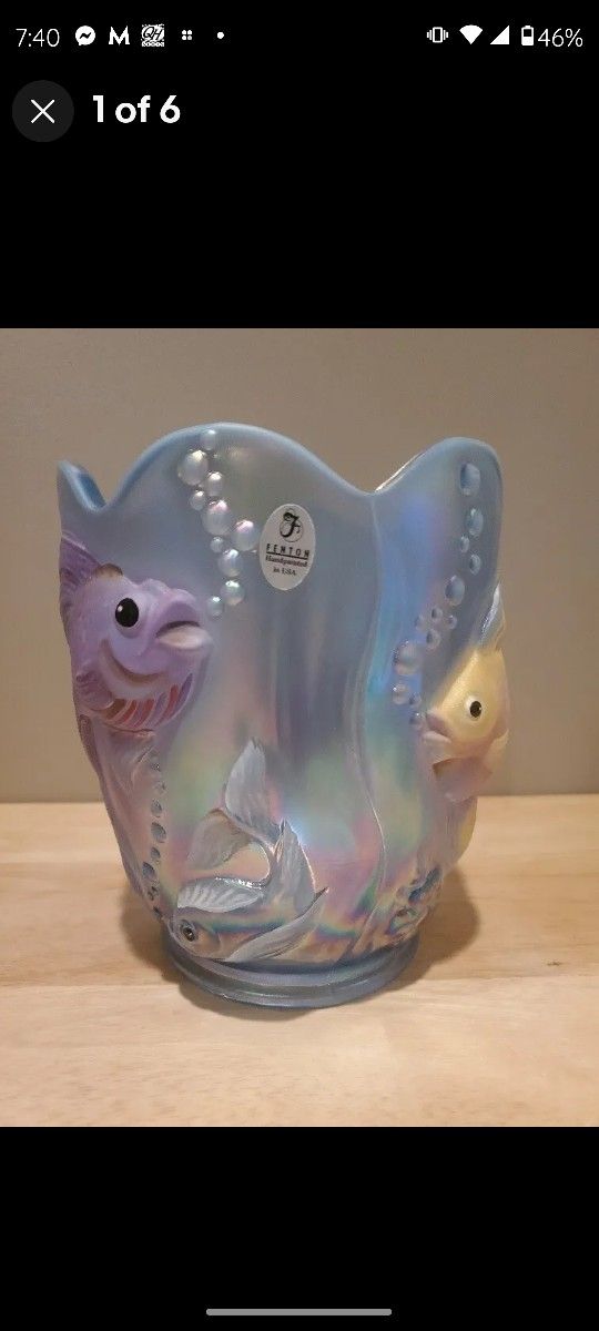 RARE FENTON OPALINE BAS-RELIEF FISH VASE HAND PAINTED SIGNED SCALLOPED ...