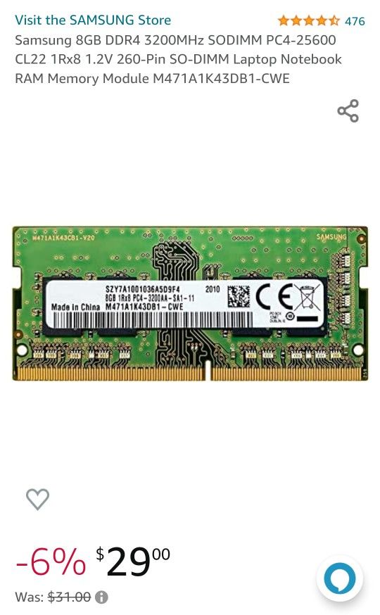 Samsung 8GB DDR4 3200MHz SODIMM PC4-25600 CL22 1Rx8 1.2V 260-Pin SO-DIMM Laptop Notebook RAM ...
