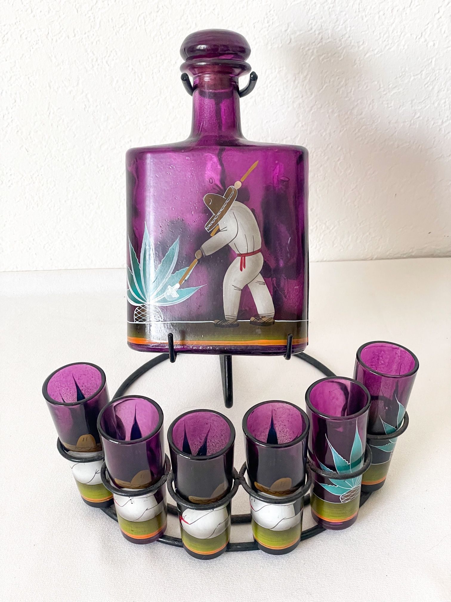 Hand Painted Purple Tequila Decanter Set w/ 6 Shot Glasses And Rack ...
